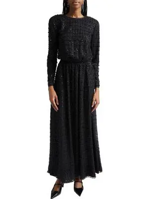 Emporio Armani Embellished Long Sleeve Maxi Dress - Solid Black