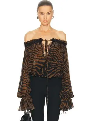 Blumarine Off-the-shoulder Top With Lace Trim - Toffee Brown & Black