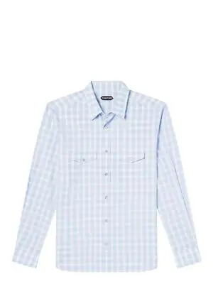 TOM FORD Slim-fit Checked Cotton And Linen-blend Shirt - Blue