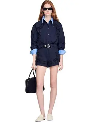 Sandro Embroidered Cotton Straight-cut Shorts - Navy Blue