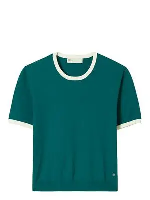 Tory Burch Contrast-trim Short-sleeve Sweater - Emerald