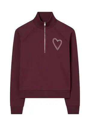 Tory Burch Pick Stitch Heart French Terry Sweatshirt - Dark Merlot