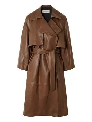 Nour Hammour Belted Leather Trench Coat - Brown