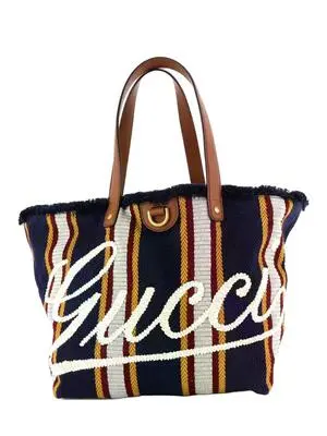 Gucci Script Open Embroidered Stripe Large Tote Bag - Blue