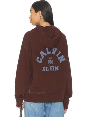Calvin Klein Washed Premium Vintage Logo Zip Hoodie - Rich Brown