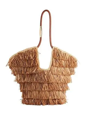 Zimmermann Golden Time Fringed Medium Raffia Tote - Tan Fringe Stripe