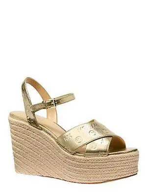 Michael Kors Luciana Metallic Logo Debossed Wedge Sandal - Gold