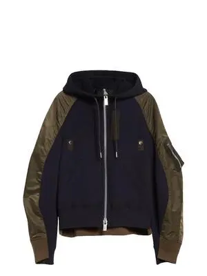 Sacai Sponge Sweat X Nylon Twill Full Zip Hoodie - Navy/dark Khaki