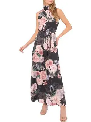 Ted Baker London Floral Tie Neck Maxi Dress - Black/coral Pink
