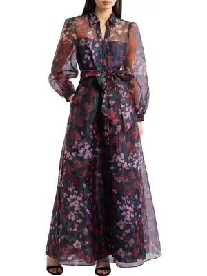 Julia Jordan Floral Organza Shirtdress Gown - Navy Multi