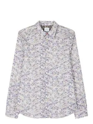 Paul Smith Tailored-fit White And 'textured Floral' Print Shirt - Blue
