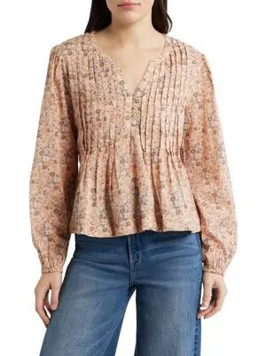 Lucky Brand Floral Print Pintuck Cotton Top - Pink Floral