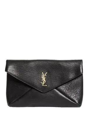 Saint Laurent Large Cassandre Leather Envelope Clutch Nero