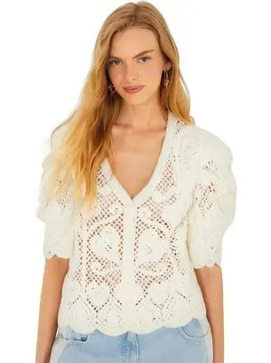 Farm Rio Rococo Hearts Crochet Cardigan - Sand