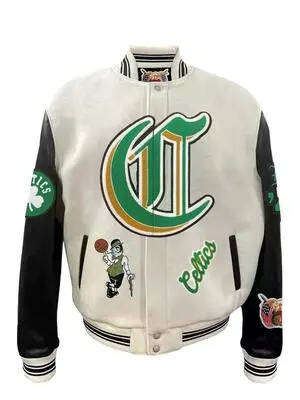 JEFF HAMILTON Boston Celtics Leather Bomber Jacket Neutrals