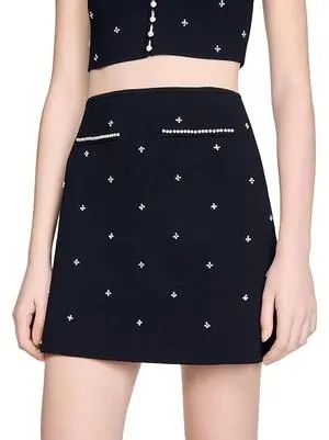 Sandro Rhinestone Embroidered Skirt - Black