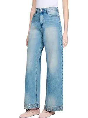 Sandro Rhinestone Straight Jeans - Blue Jean
