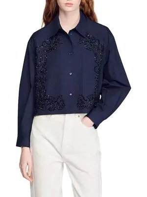 Sandro Beaded Embroidered Shirt - Navy Blue