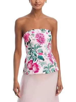 French Connection York Satin Floral Strapless Peplum Top - Pink Icing