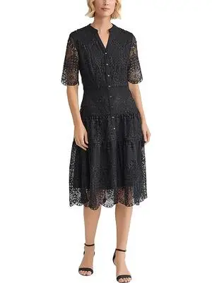 Misook Tiered Lace Midi Dress - Black