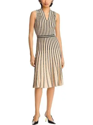 Misook Stripe V-neck Ribbed Knit Dress - Biscotti/black