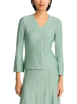 Misook Scalloped Rib Knit Bell Sleeve Top - Mystic Green