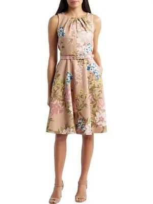TAHARI ASL Floral Pleat Neck Fit & Flare Dress - Blush Toast