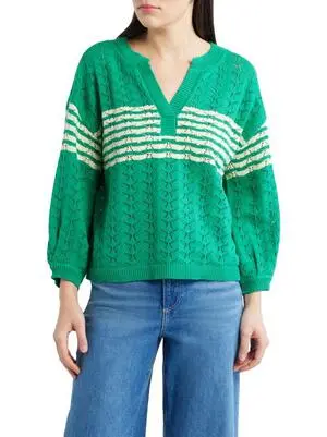 Wit & Wisdom Pointelle Stripe Sweater - Golf Green/ivory