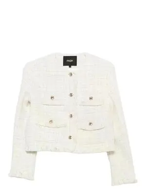 Maje Fringed Buttoned Tweed Cropped Jacket - Neutrals