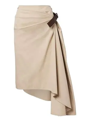 Loewe Leather-trimmed Draped Cotton And Silk Midi Skirt - Beige