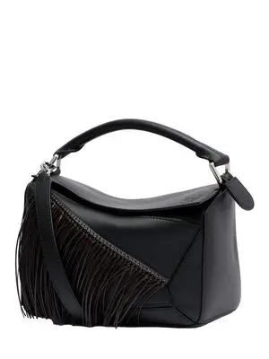 Loewe Puzzle Small Fringed Leather Shoulder Bag - Black