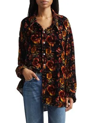 R13 Oversized Floral Velvet Button-up Shirt - Orange Multi Floral