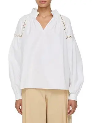 Lafayette 148 New York Cotton Popover Top With Soutache Trim - White