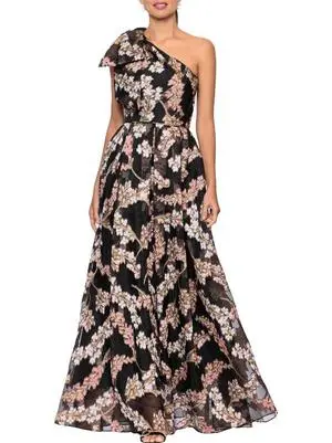 Betsy & Adam Floral Organza Brocade Ballgown - Black/rose/gold