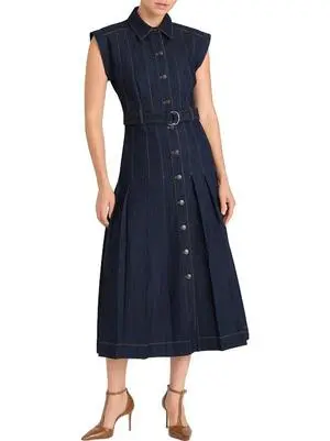CINQ À SEPT Karter Pleated Belted Denim Midi Dress