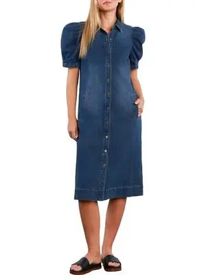 WASH LAB DENIM Puff Sleeve Stretch Denim Midi Dress - Subway Blue