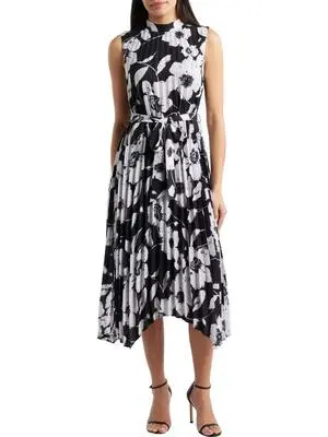 TAHARI ASL Floral Pleated Midi Dress With Handkerchief Hem - Black White