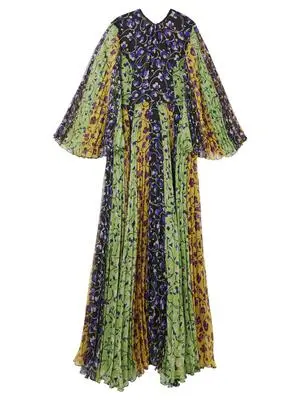 La DoubleJ Angel Pleated Printed Chiffon Maxi Dress - Green