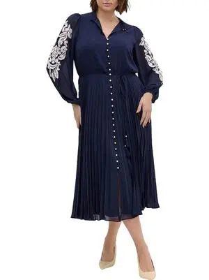 City Chic Adorn Pleated Long Sleeve Maxi Dress - Navy