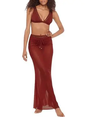 Steve Madden Ruched Sheer Mesh Maxi Skirt - Sangria