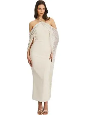 MISS CIRCLE Beaded Cape Halter Maxi Gown - Almond