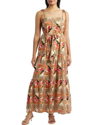 Julia Jordan Printed Tie Belt Maxi Sundress - Orange Multi