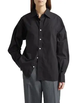 EMILY DAWN LONG Jeff's Cotton Poplin Button-Up Shirt Solid Black