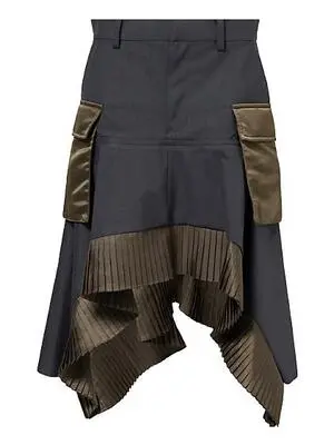 Sacai Woven Asymmetric Midi Skirt With Shell Panels - Grey Khaki