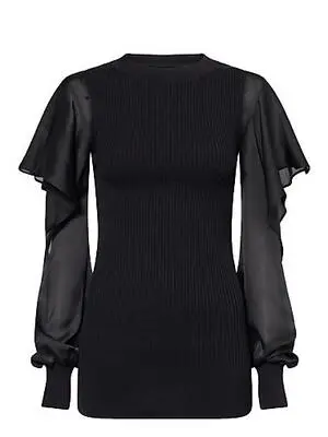 Sacai Satin-sleeves Ribbed Cotton-knit Top - Black
