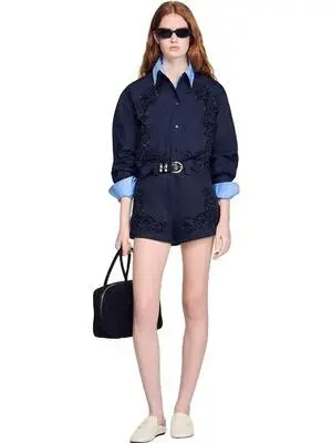 Sandro Embroidered Cotton Straight Shorts - Blue / Navy