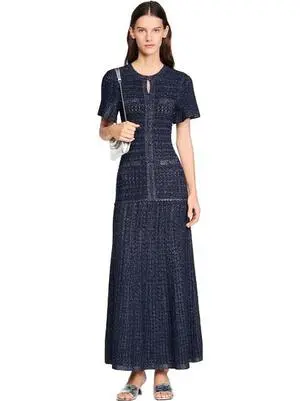 Sandro Rhinestone Embellished Knit Maxi Dress - Blue / Navy