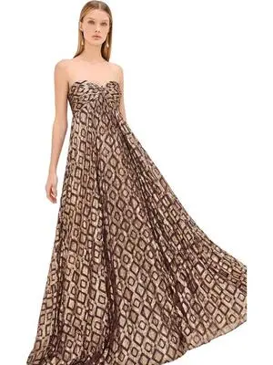 Alexis Soleil Strapless Pleated Maxi Dress Brown