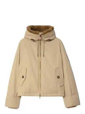 Burberry Shearling Trim Gabardine Hooded Jacket - Hamper Beige