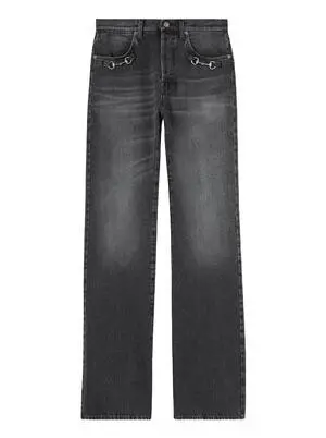 Gucci Cotton Denim Flare Pants With Horsebit Detail - Black